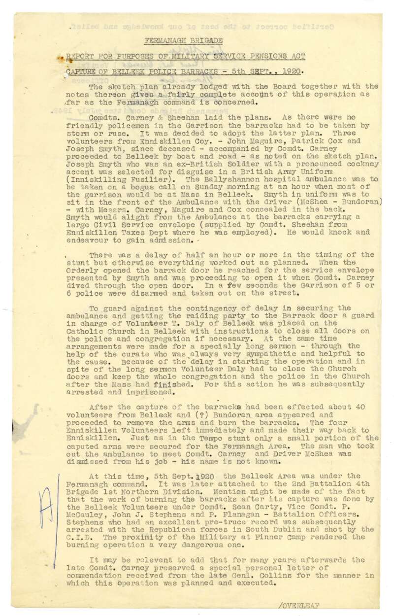 Military Archives | Barrack attack at Belleek, County Fermanagh