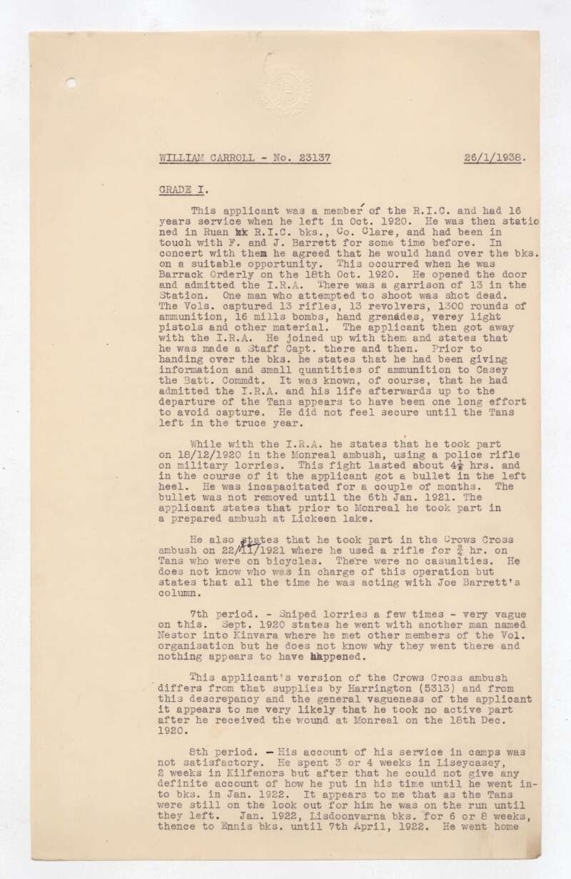 Military Archives | Capture of Ruan RIC Barracks
